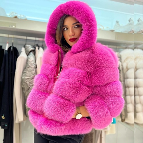 Women Genuine Fox Fur Short Hooded Coat Girl Winter Natural Fur Outwear ...