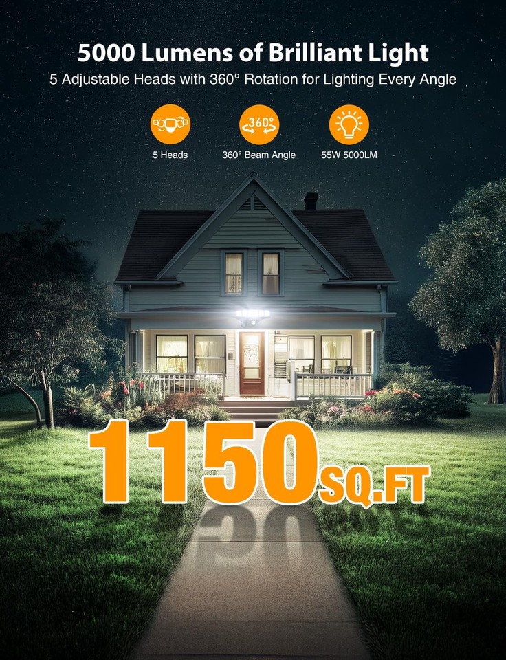 5000LM Motion Outdoor Lights Plug in, 5 Head Motion Flood Light Outdoor ...