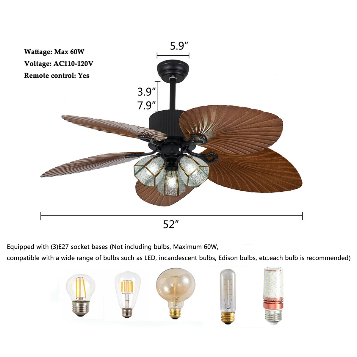 Palm Leaf Ceiling Fan With Light And Remote Control | Shelly Lighting