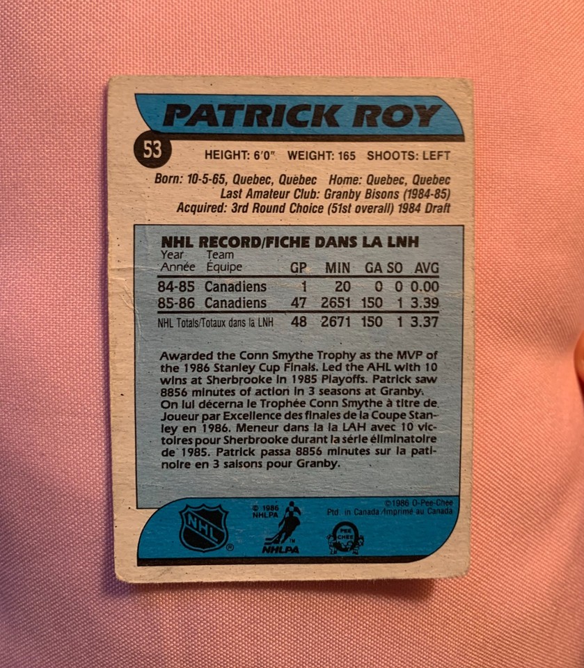NHL Patrick Roy 1986-87 O Pee Chee Rookie Card Hockey Canadiens HEAVILY ...