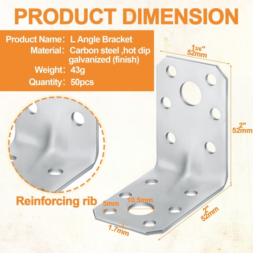 50PCS 2x2x1-3/8 Steel L Bracket, 1.7mm Thick, 90 Degree, Rib Corner ...