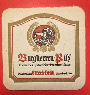 Burgherren-Pils Streck-Bräu 3.5 INCH SQUARE BEER COASTER VINTAGE RARE ...
