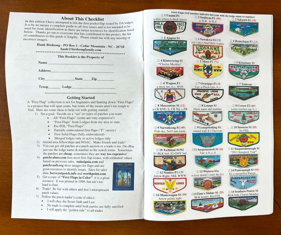OA First Flaps checklist; Lodge Names, Numbers, 36-pg OA flap booklet ...