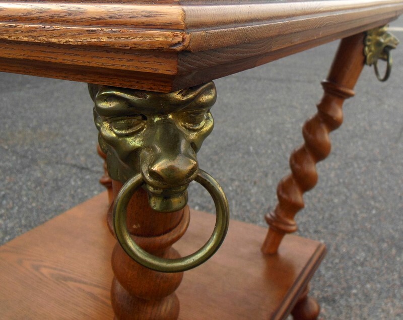 Antique Merklen Bros NY Oak PARLOR TABLE Barley Twist Brass LION Claw ...
