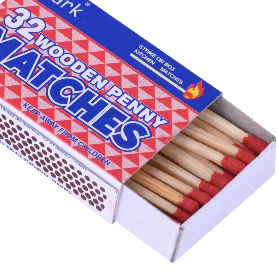 100 PACK Wooden Penny Matches 32 Count Strike On Box Kitchen/Camping ...