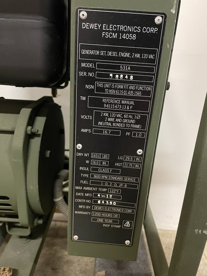 Dewey MEP 531A 2kW Military Tactical Portable Diesel Yanmar Generator ...