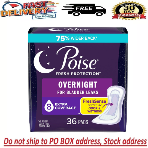 Poise Overnight Incontinence Pads for Women, 8 Drop Extra Coverage, 36 ...