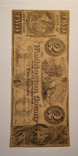 1851 $2 DOLLAR BILL, THE WASHINGTON COUNTY BANK, UNION VILLAGE, NEW ...