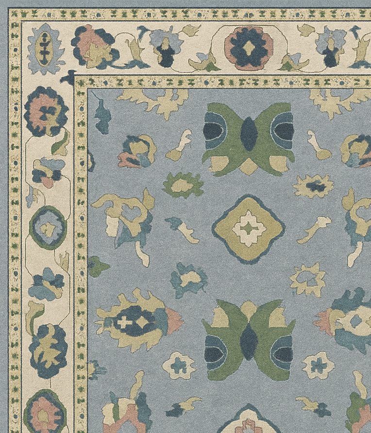 Gray Blue Green Ivory Area Rug Modern Oushak Style Geometric Floral ...