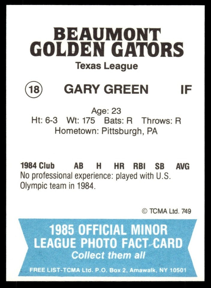 1985 TCMA Beaumont Golden Gators Gary Green Beaumont Golden Gators #18 ...