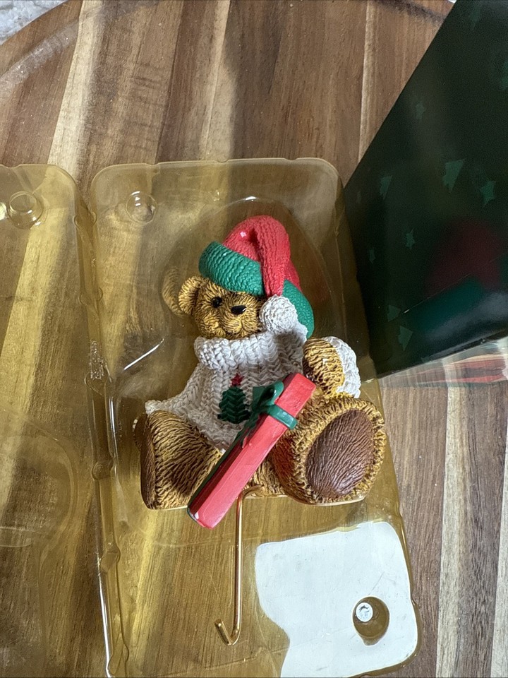 Vintage HALLMARK Teddy Bear Stocking Hanger White Sweater & Red Santa ...