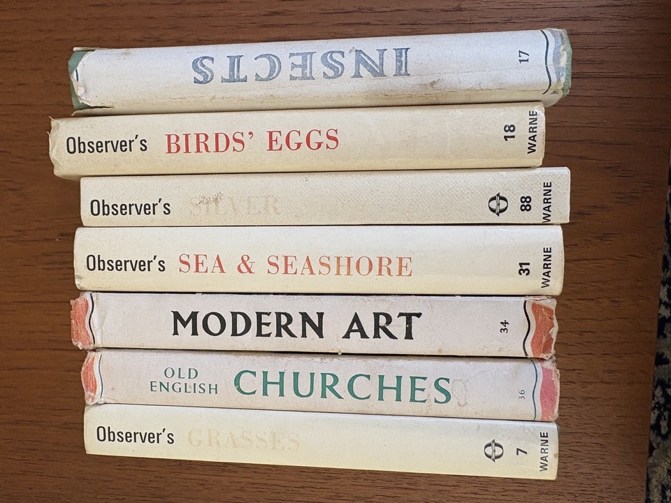7 Vintage OBSERVER'S BOOKS insects, Bird's eggs, churches, grasses, art ...