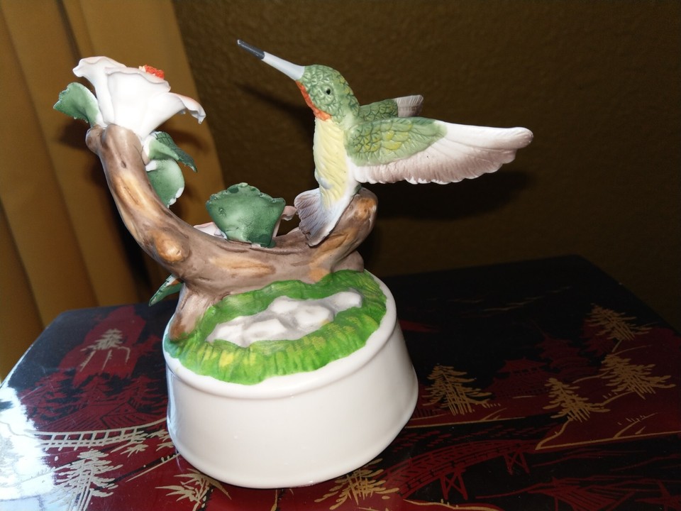 Ceramic Music Box Plays The Impossible Dream Red Throated Hummingbird W ...