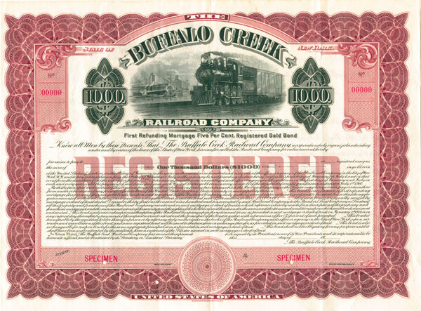 Buffalo Creek Railroad Co. - Specimen Bond - Railroad Bonds | eBay