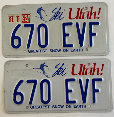 1992 Utah License Plate PAIR Salt Lake County Natural Sticker 30+ Years ...