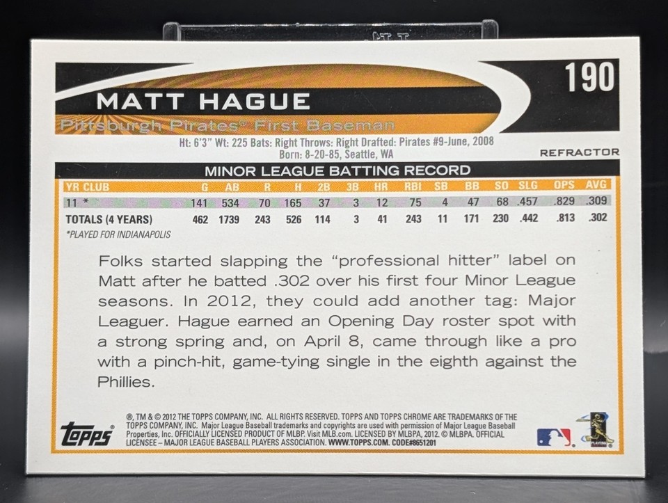 2012 Topps Chrome #190 Matt Hague Purple Refractor Rookie - Pittsburgh ...