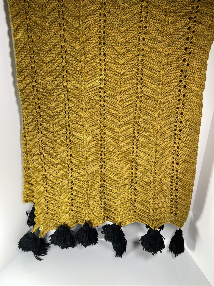 Crochet Blanket Handmade Solid Yellow Wavy Black Plooms 72x45 Retro Mid ...