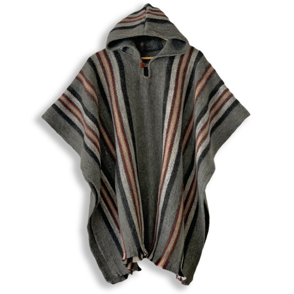 LLAMA WOOL MENS CAPE HOODED PONCHO COAT JACKET HANDWOVEN OTAVALO ...