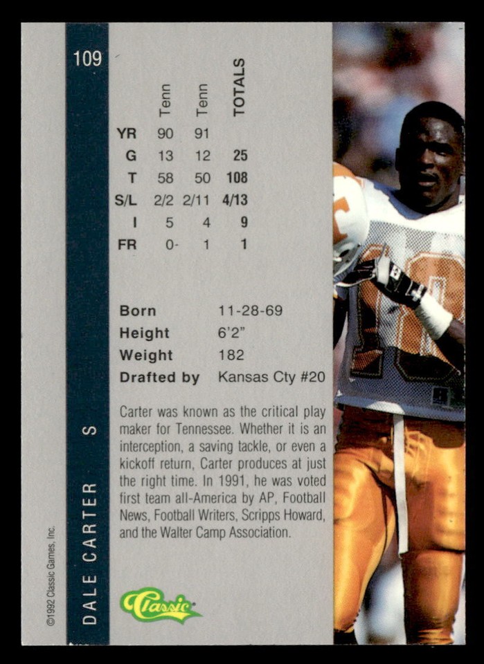 Dale Carter 1992 Classic Four Sport Gold Card #109 Tennessee Volunteers ...