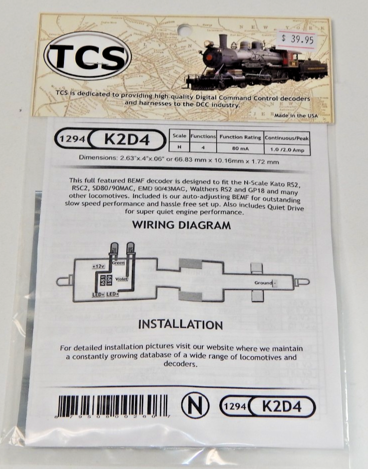 TCS #1294 K2D4 N DCC Decoder for Kato N Engines: RS2, RSC2, SD80/90MAC ...