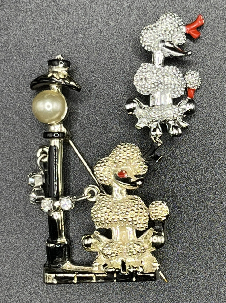 Vintage Poodle With Street Light Lamp Post Brooch Rhi… - Gem