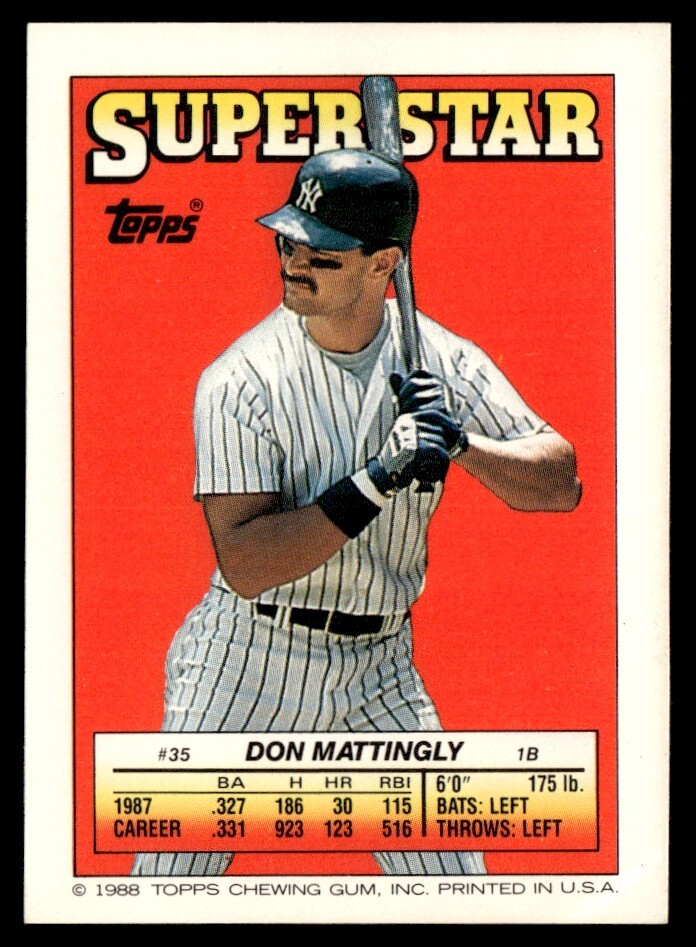 1988 Topps Stickers Super Star Backs Don Mattingly New York Yankees #35 ...