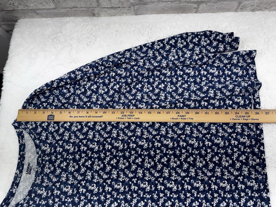 Lands End Classic Tee Top 100% Cotton Navy Blue Floral Print Long ...