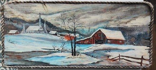 Vintage Oil Painting on Board Weston VT? Church Signed Rock 1977 Rope ...