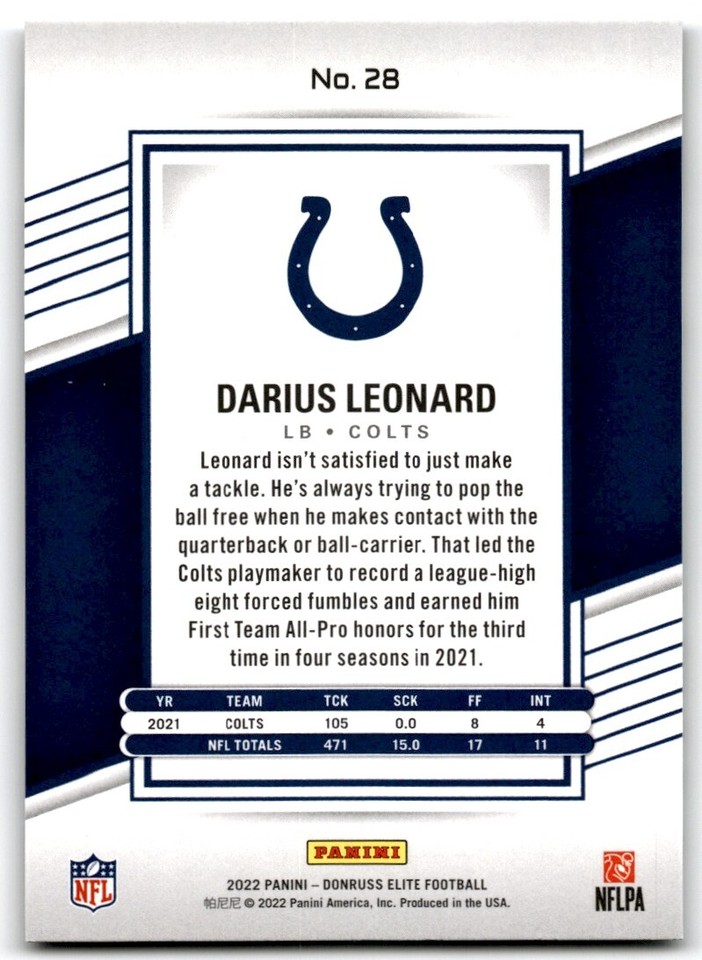 2022 DONRUSS ELITE SHAQUILLE LEONARD INDIANAPOLIS COLTS #28 | eBay