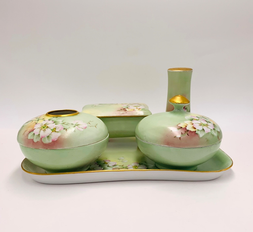Antique Limoges 5 Piece Porcelain Vanity Dresser Set Green Pink White ...