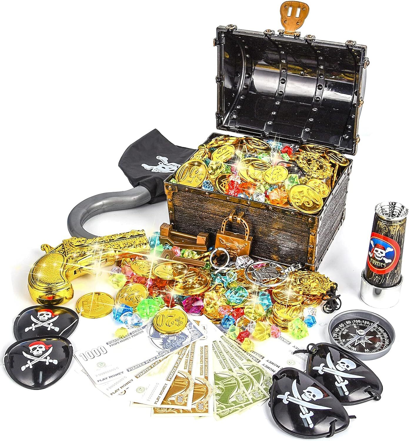 Golden Pirate Treasure Chest Box Toy with 50 Pcs Pirate Gold Coins 100 ...