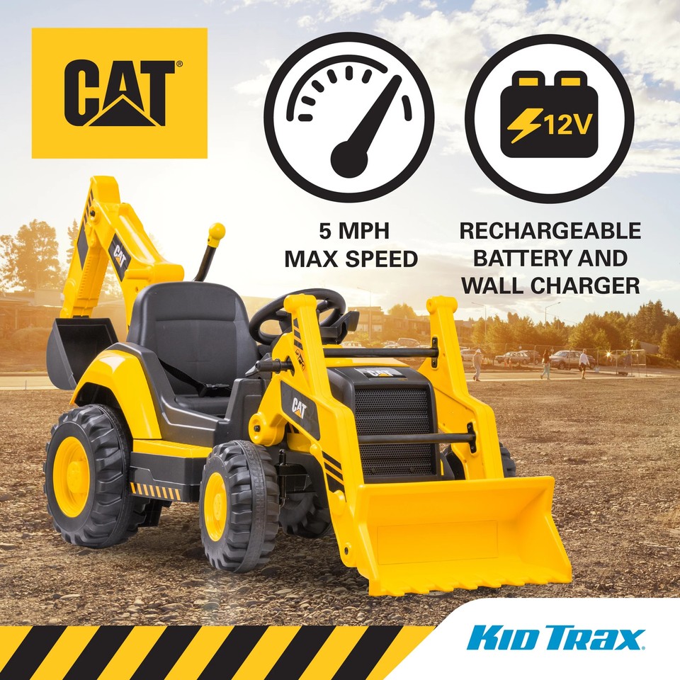 Kid Trax 12V CAT Backhoe Loader Ride-On Excavator with Working Loaders ...