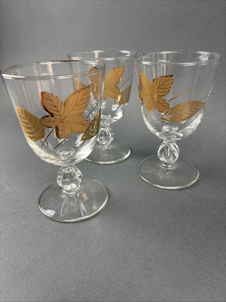Libbey Water Goblet Glasses Gold Leaves Set of 3 Vintage Elegant Glass ...