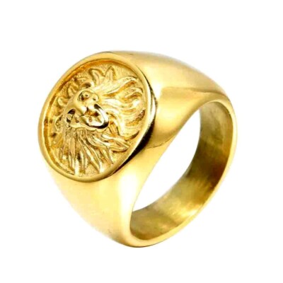 Vintage Lion Head Round Signet Ring Stainless Steel Gold Lion Head King ...