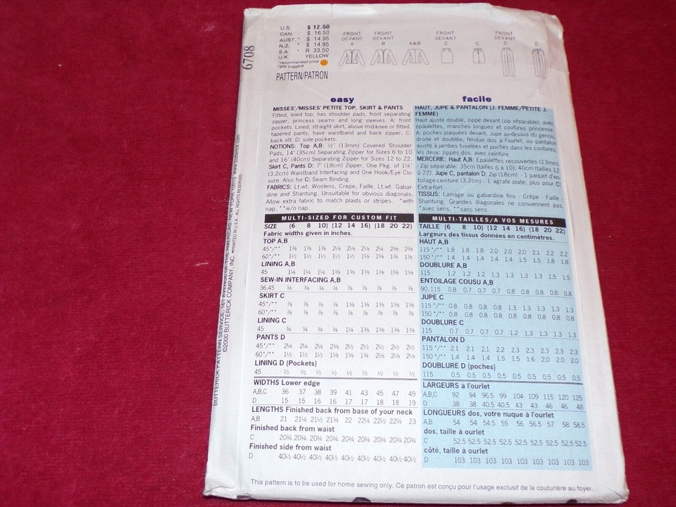 🌺 BUTTERICK #6708 - LADIES FRONT ZIP JACKET - SKIRT & PANTS PATTERN 6 ...