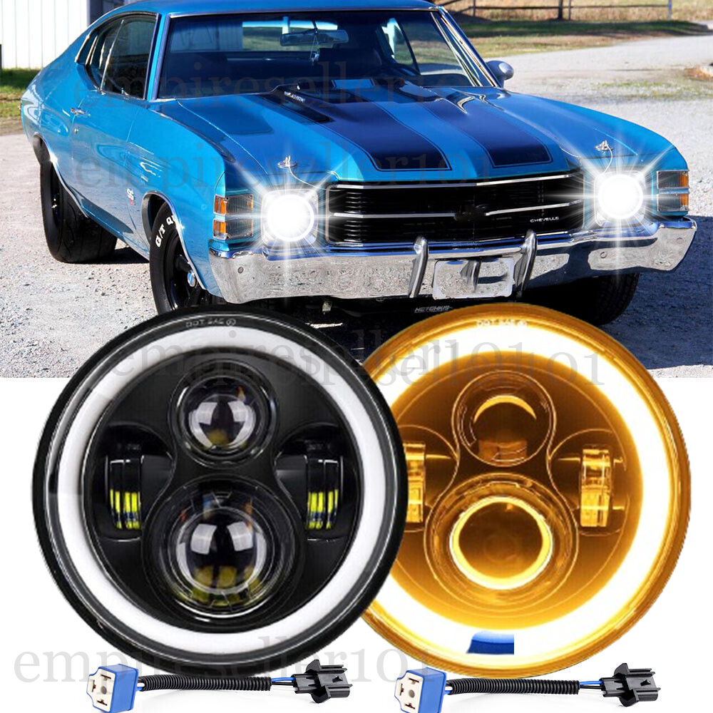 Pair 7" Round LED Yellow Halo Headlights HI/LO Fit Chevy Chevelle 1971 ...