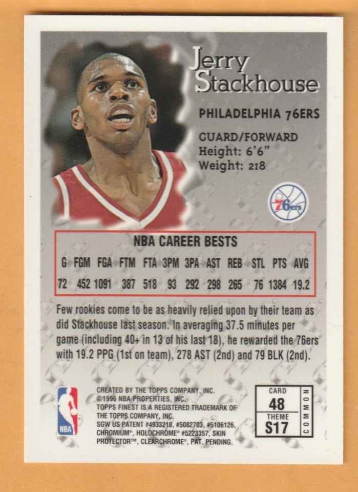 Jerry Stackhouse Philadelphia 76ers 1996-97 Finest #48 North Carolina ...