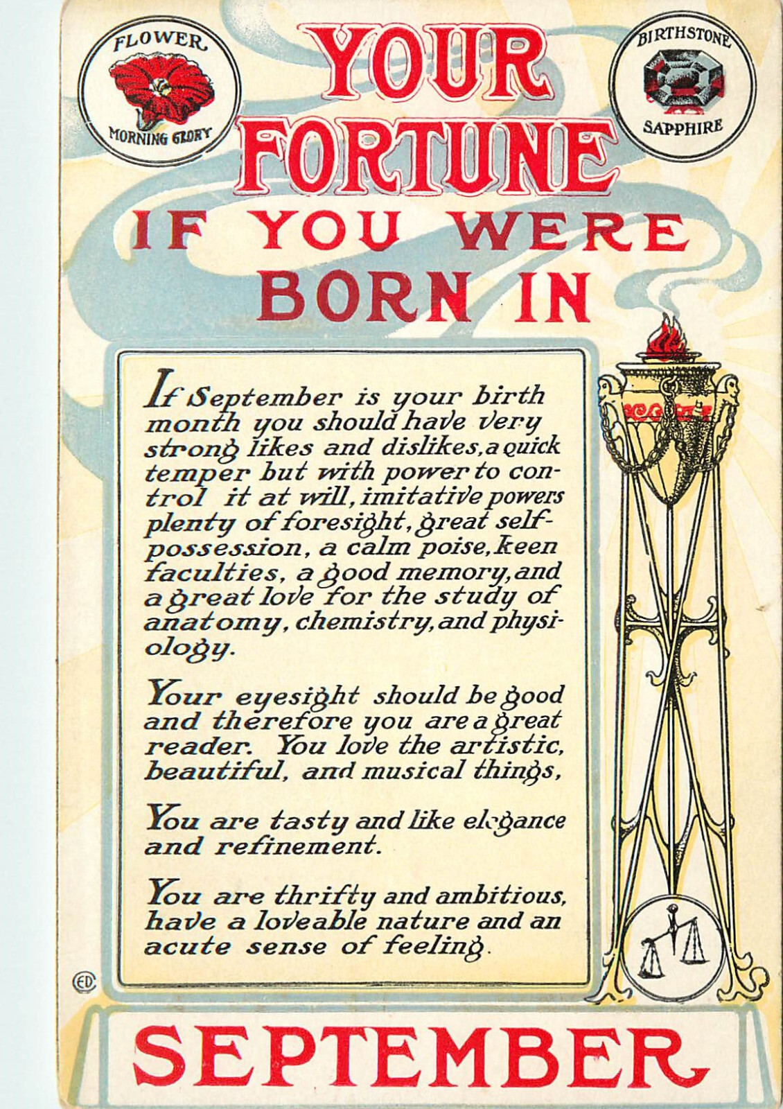 Postcard Fortune Telling September Sapphire Libra Morning Glory Zodiac ...