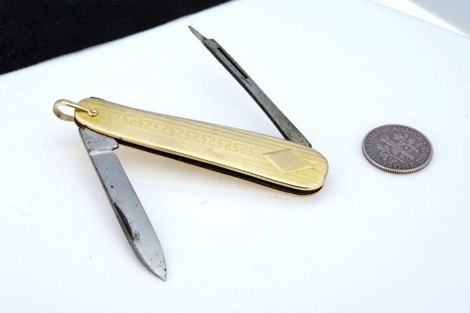 Antique Edwardian Art Deco era 10K Gold Engraved Pocket Knife Watch ...
