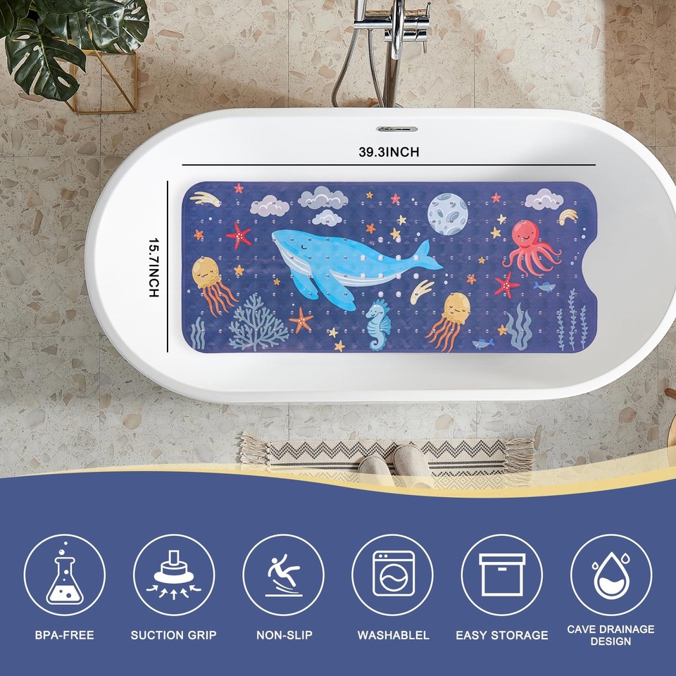 Bath Mat for Tub Non Slip，40 X 16 Inch Extra Long Bathtub Mat Ocean ...