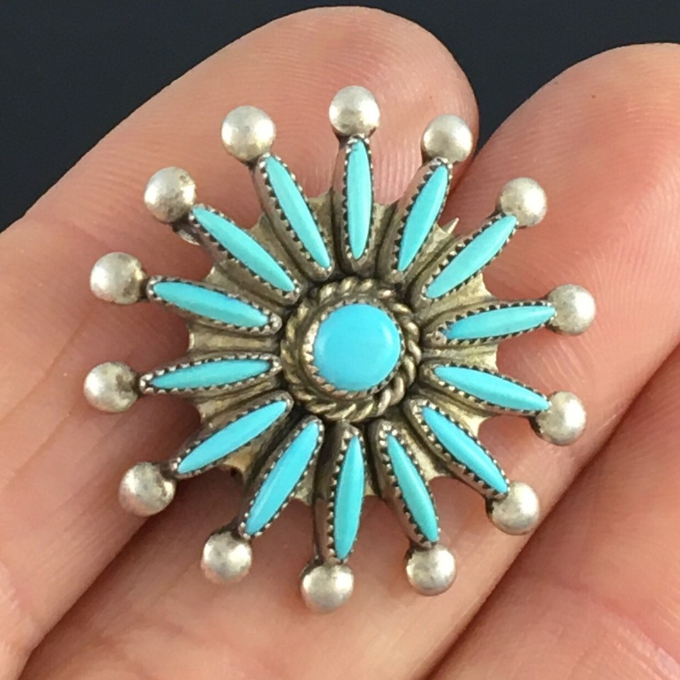 NATIVE AMERICAN ZUNI HANDMADE STERLING SILVER TURQUOISE NEEDLEPOINT PIN ...