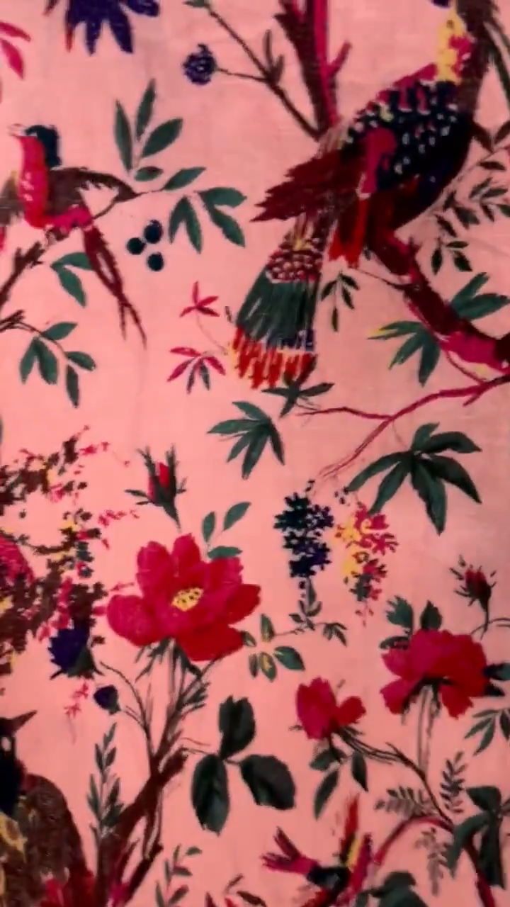 Vintage Cotton Velvet Peach Color Bird Print Luxury Curtain, Boho ...