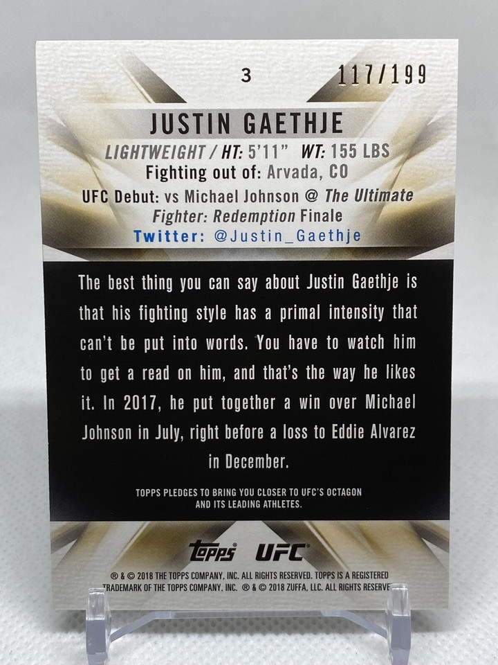 Justin Gaethje 2018 Topps Knockout UFC Rookie RC Green Parallel SN 117/ ...
