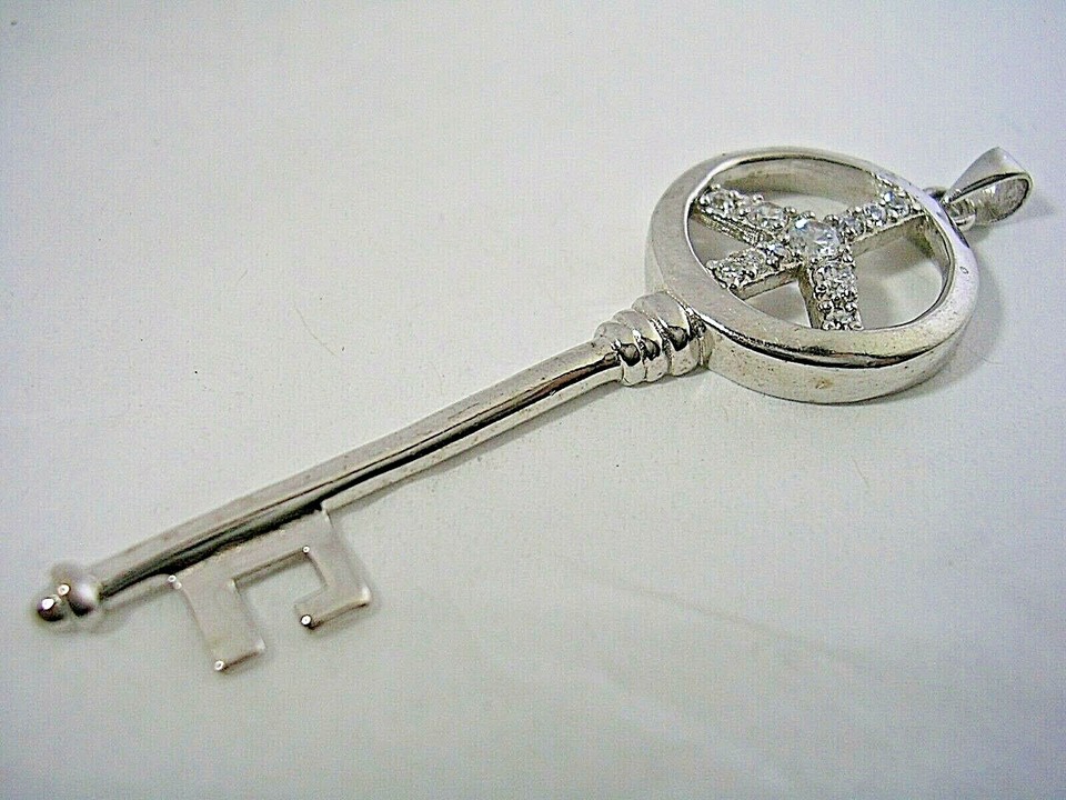 KEY PENDANT PEACE SIGN WITH WHITE CUBIC ZIRCONIA IN STERLING SILVER | eBay