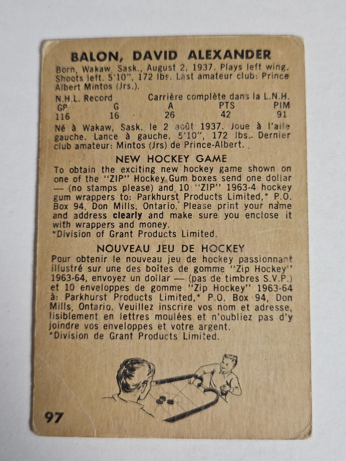 1963-64 PARKHURST HOCKEY #97 DAVE BALON MONTREAL CANADIENS | eBay