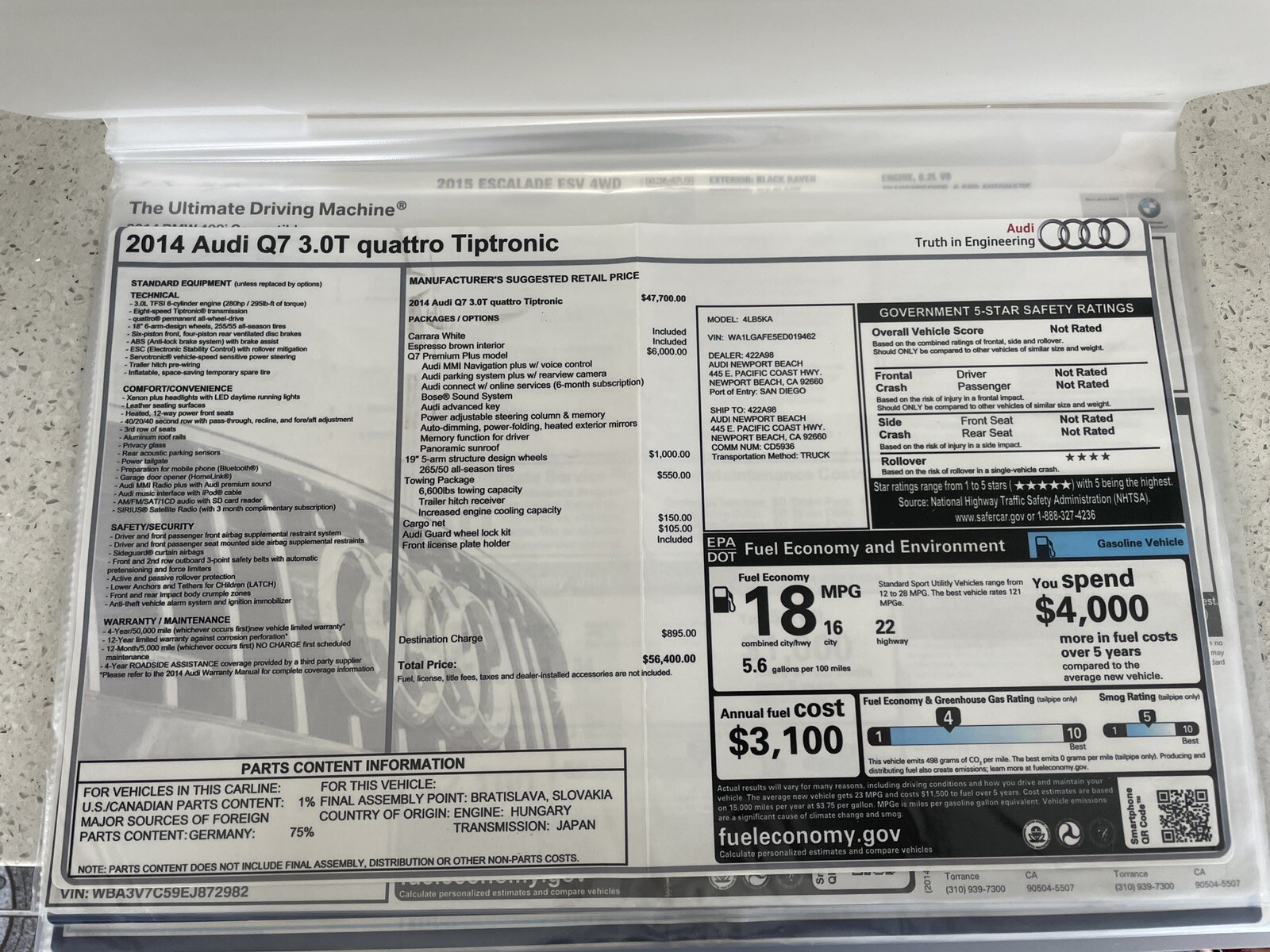 2014 Audi Q7 Original MSRP Window Sticker | eBay