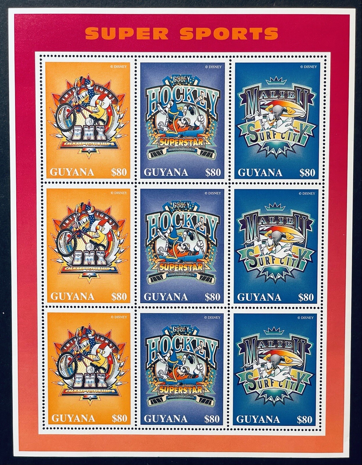 GUYANA SUPER SPORTS DISNEY STAMPS MNH 1996 HOCKEY BMX SURFING DONALD ...