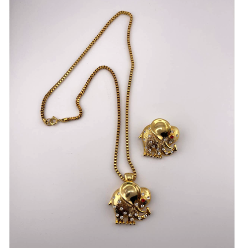 VTG Gold Tone Rhinestone With Red Eye Elephant Brooch And Necklace AD ...