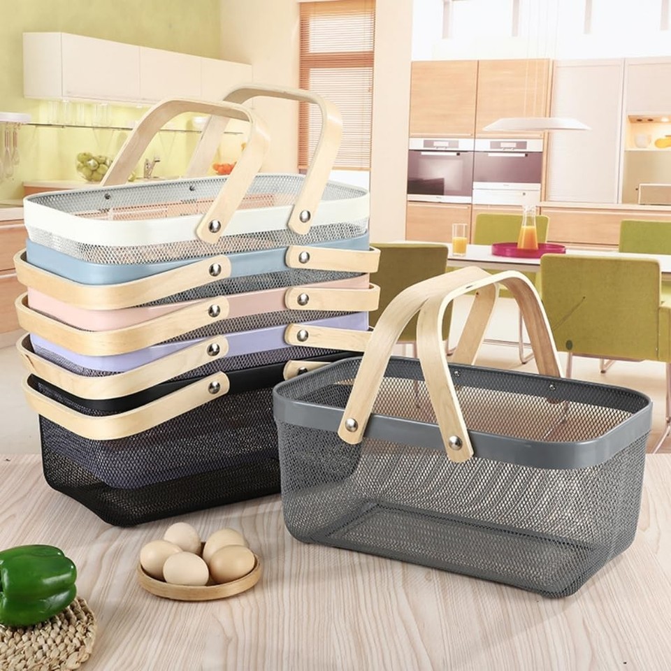 Portable Mesh Harvest Basket - Natural Bamboo Handle Foldable Organizer ...