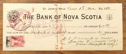1942 WW2 Era Large Bank of Nova Scotia Cheque/Check with Newfoundland ...